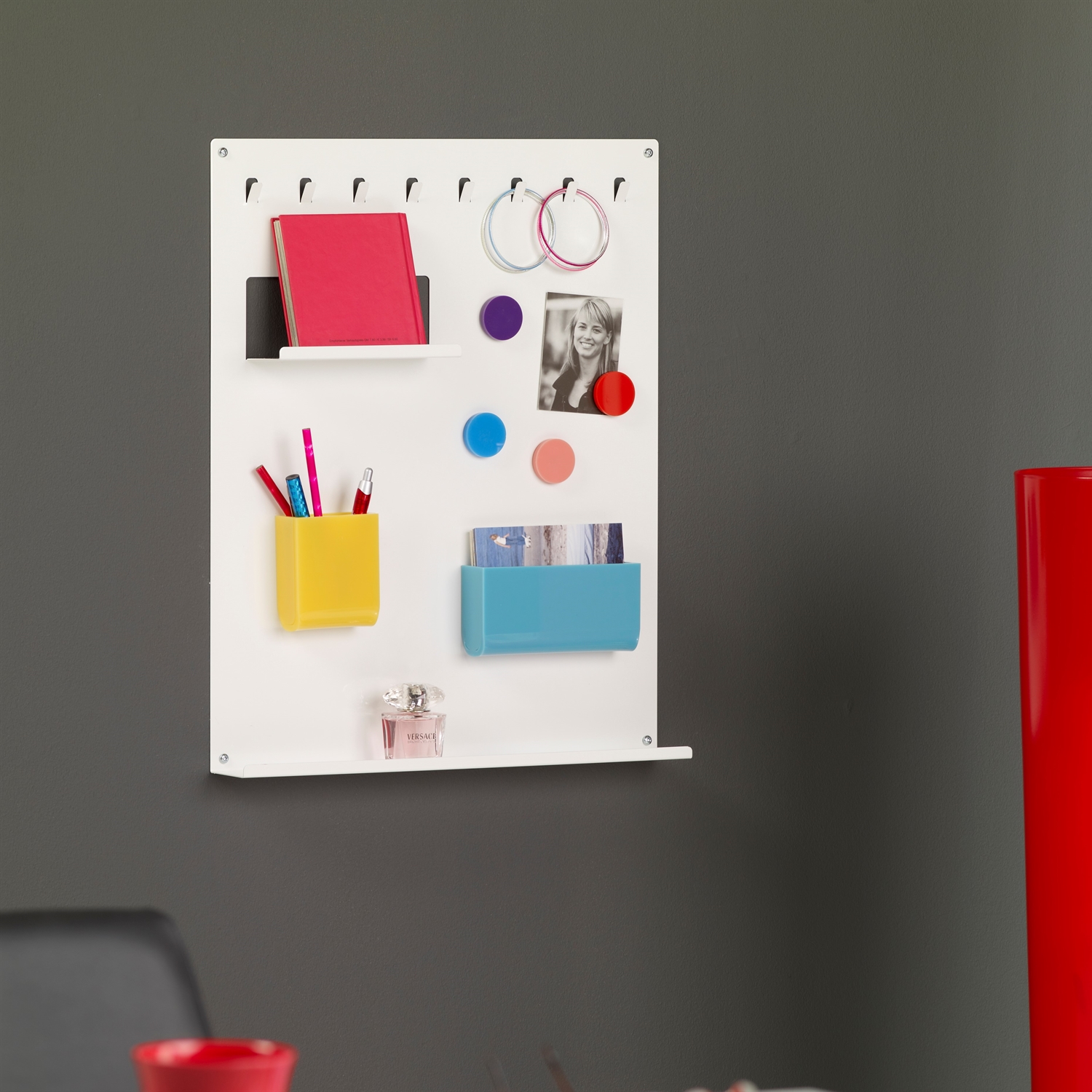 White magnetic notice board and key holder with accessories